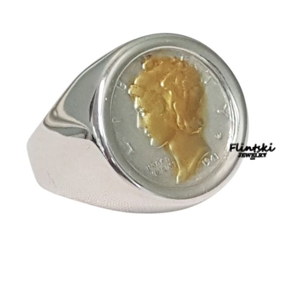 14k Gold Highlighted Mercury Dime Coin Ring .925 Sterling Silver High ...